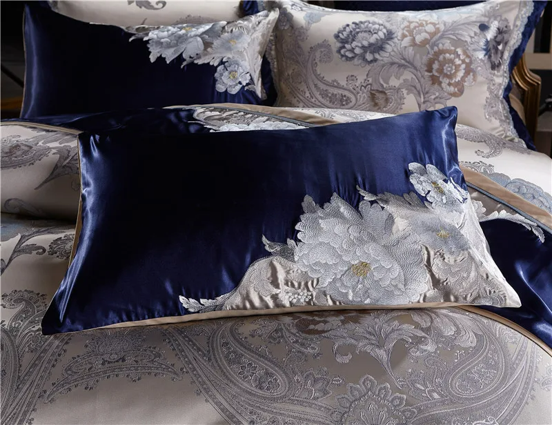 Impero Blue Silver Silk Cotton Jacquard Luxury Chinese Bedding Set | Y ...