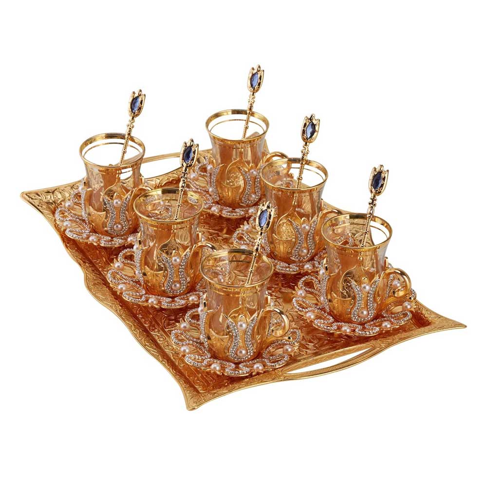 Turkish Tea Glasses Set with Saucers Holders Spoons & Tray(Set of 6 ...
